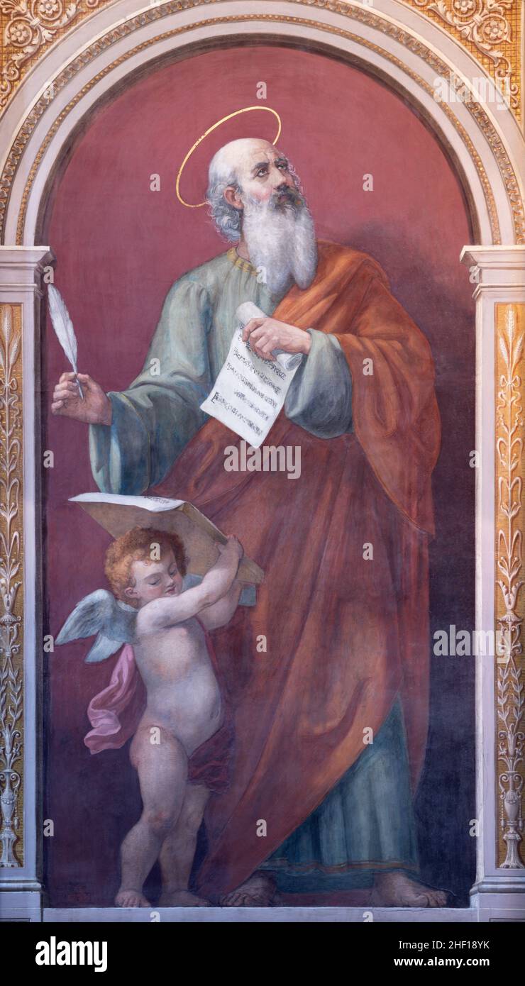 ROME, ITALY - AUGUST 31, 2021: The fresco of St. Matthew the apostle in ...