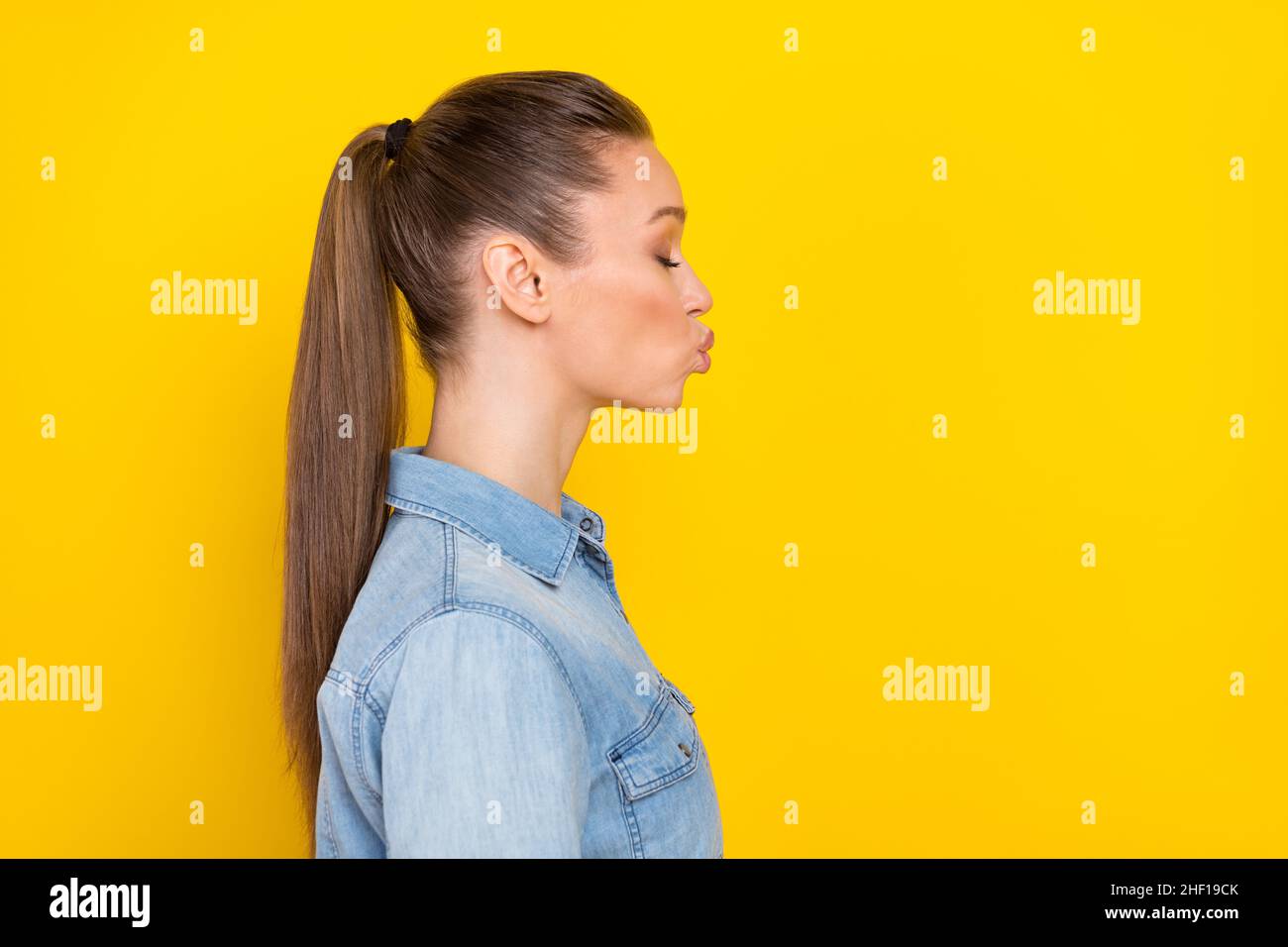 Side profile photo portrait woman sending air kiss on date isolated ...
