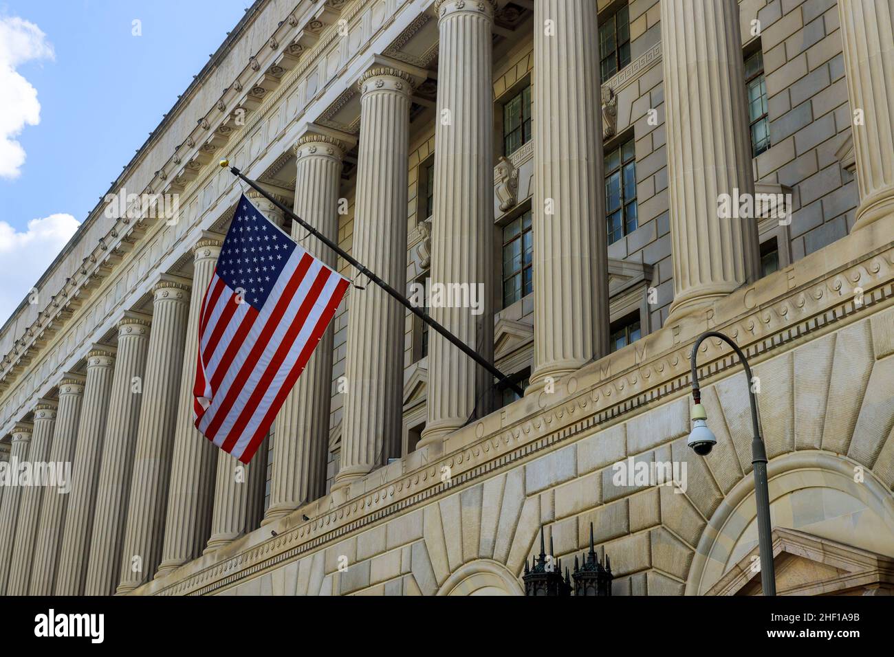 US office building detail with US flag in Washington DC United States ...