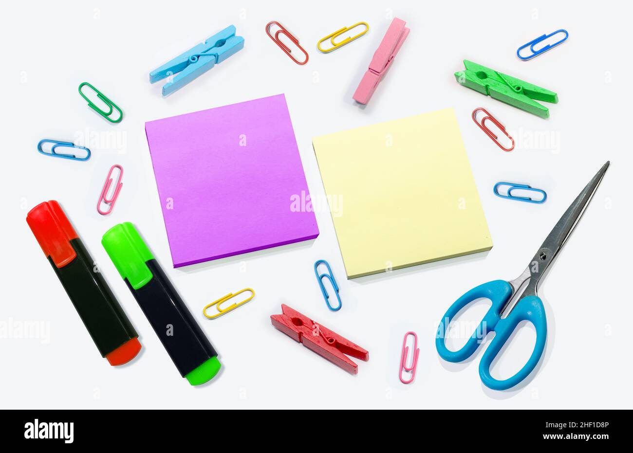 Set of colorful paper clips with white copy space background. Business ...