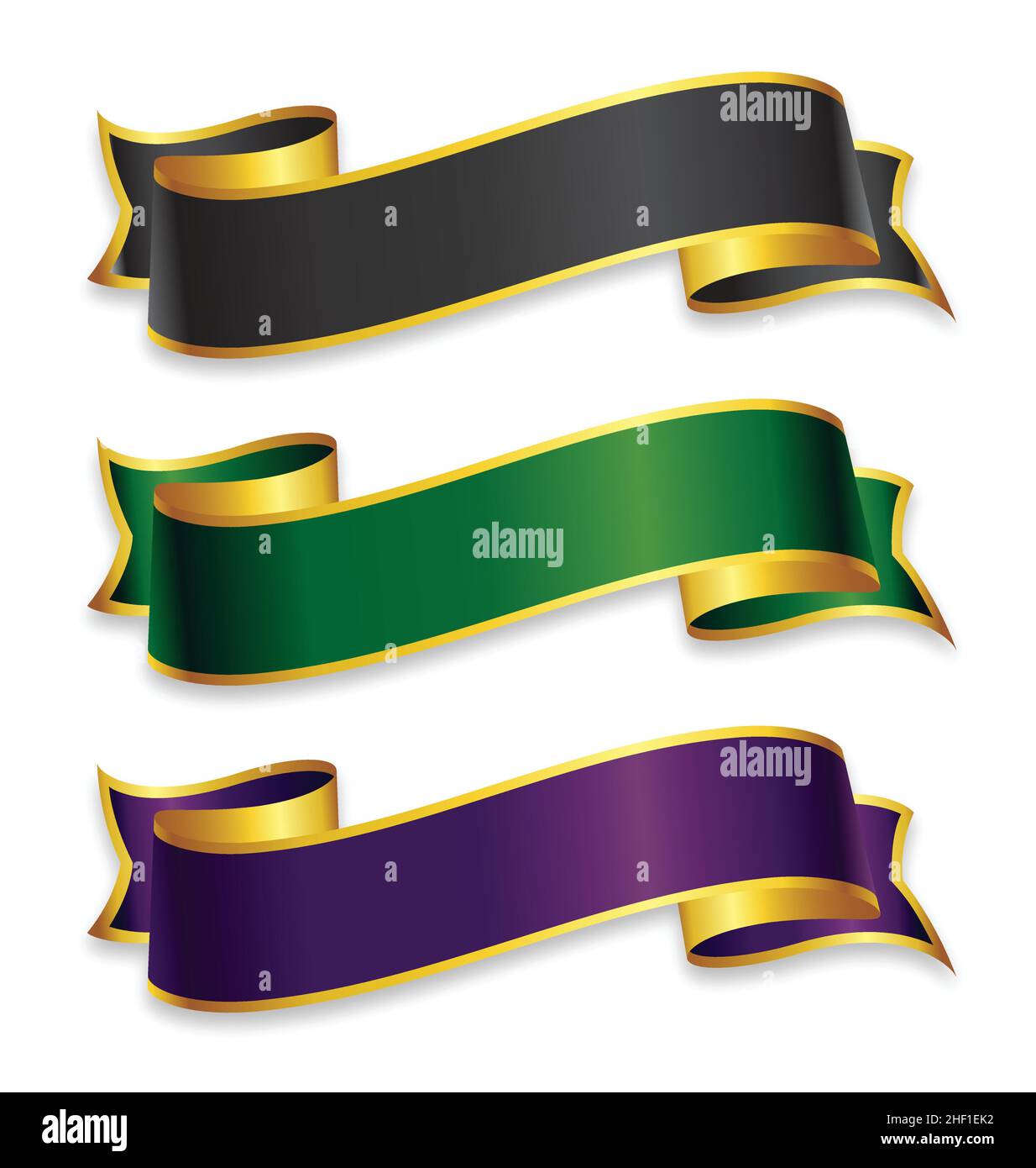 set of colored wide ribbons banner flowing scroll elements with gold ...