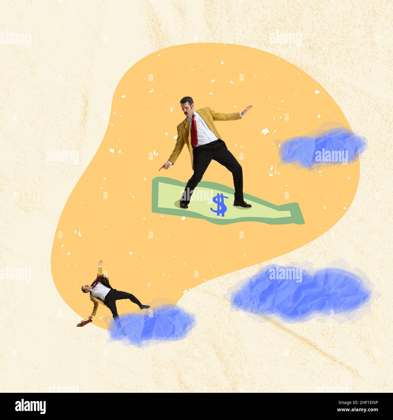 Contemporary art collage of businessman flying on money over falling ...