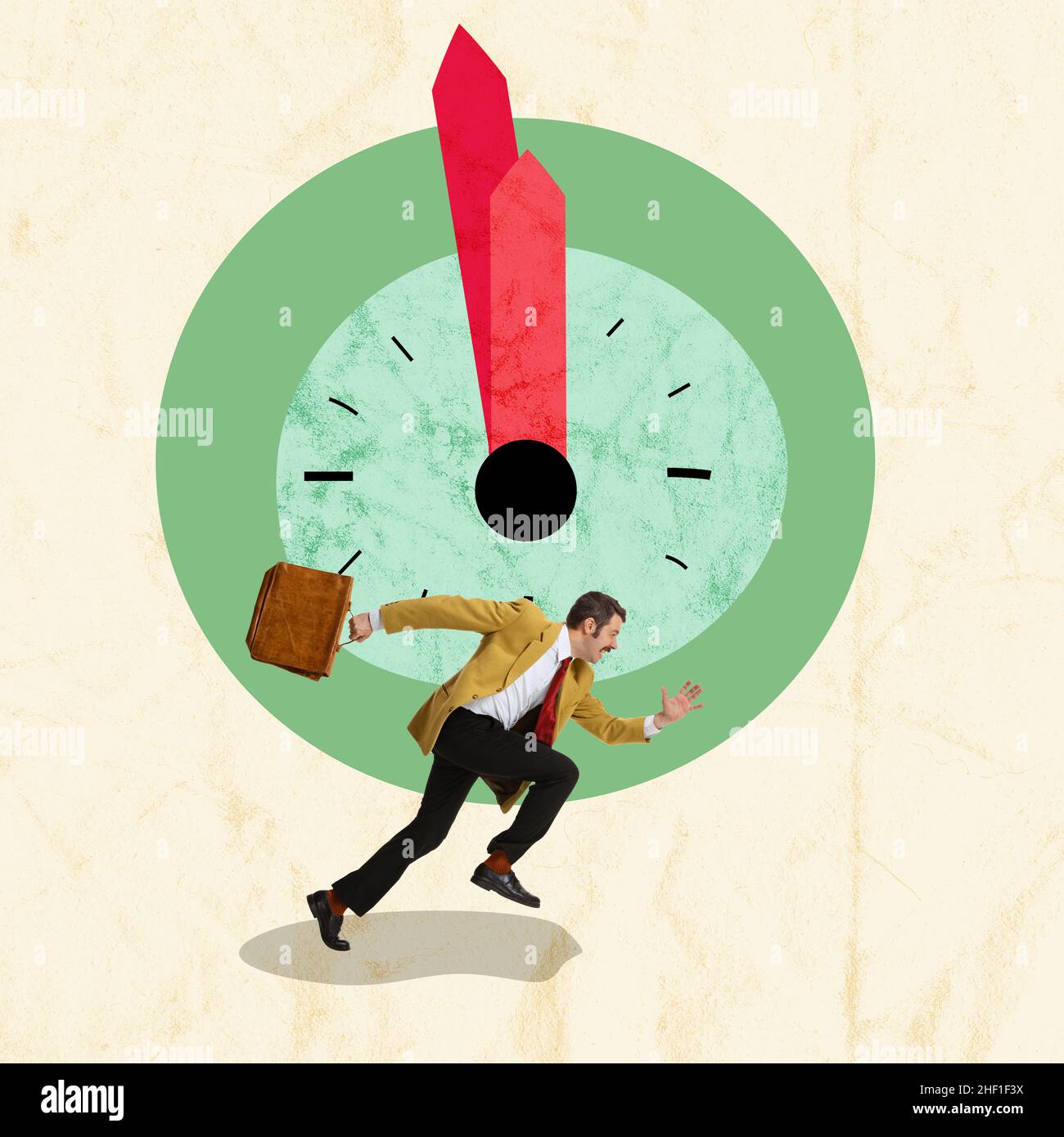 Contemporary art collage. Businessman running on clock background ...