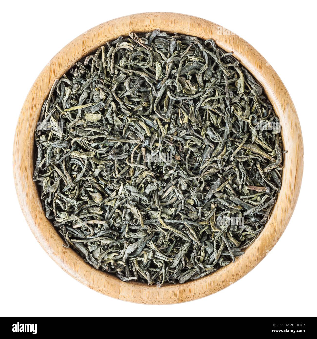 Green tea in wooden bowl isolated on white background with clipping ...