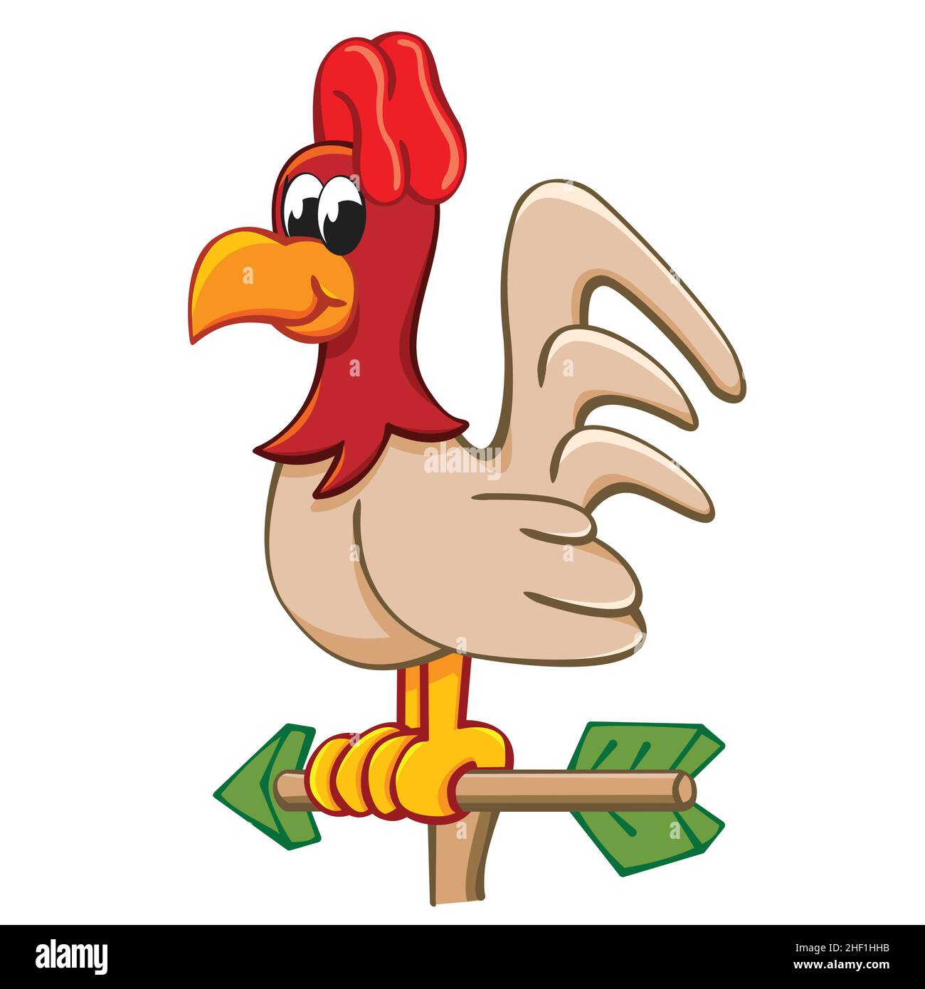 happy smiling cartoon rooster character sitting on windvane vector ...
