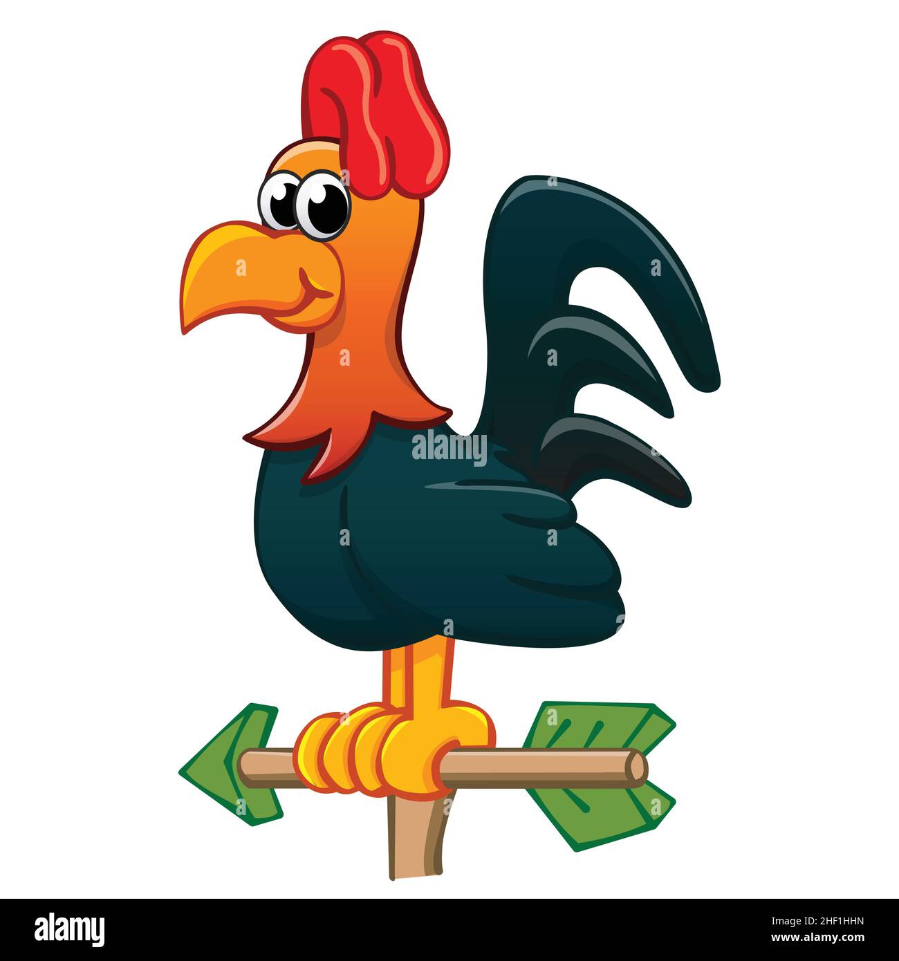 happy smiling cartoon rooster character sitting on windvane vector ...