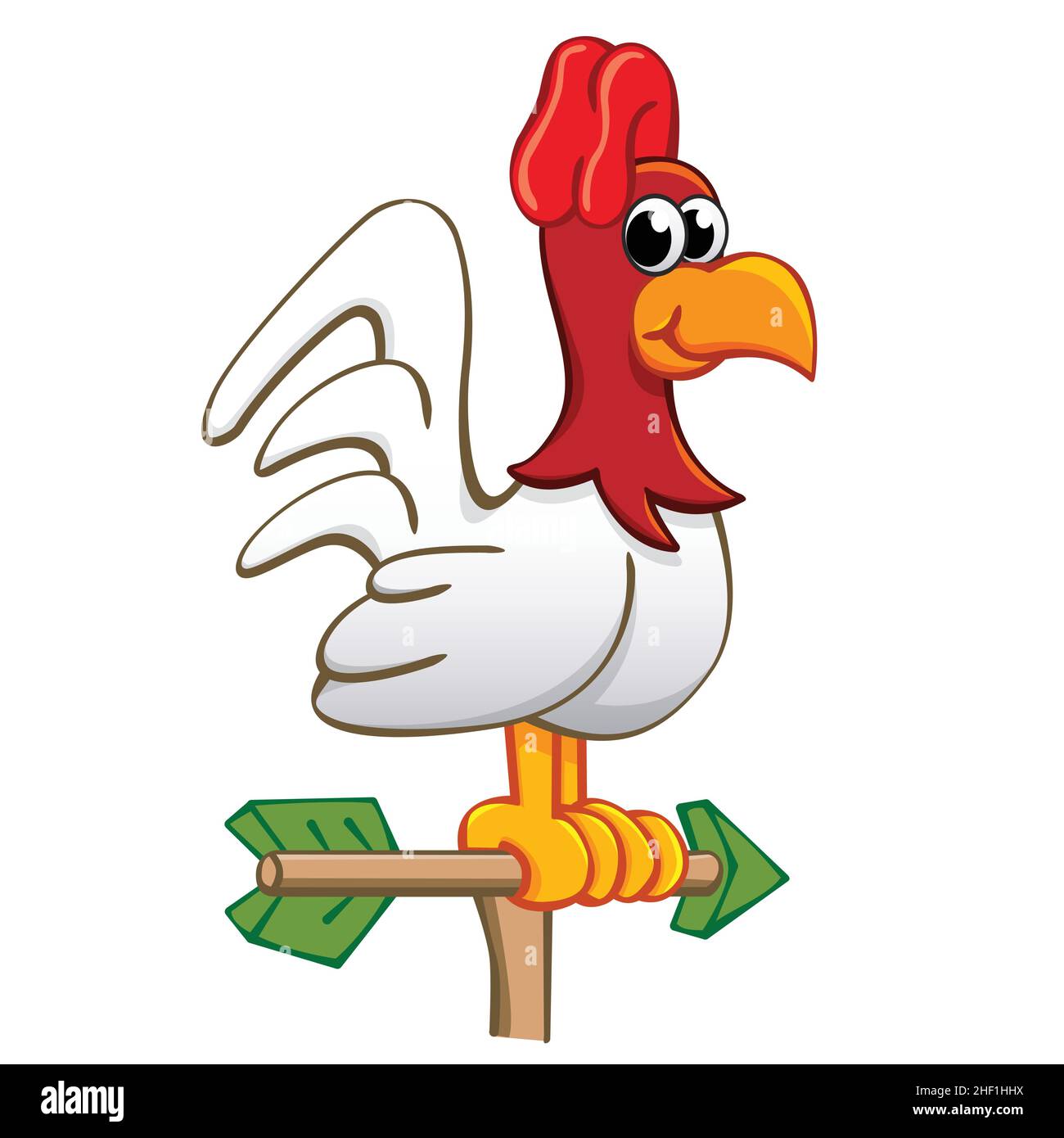 happy smiling cartoon rooster character sitting on windvane vector ...