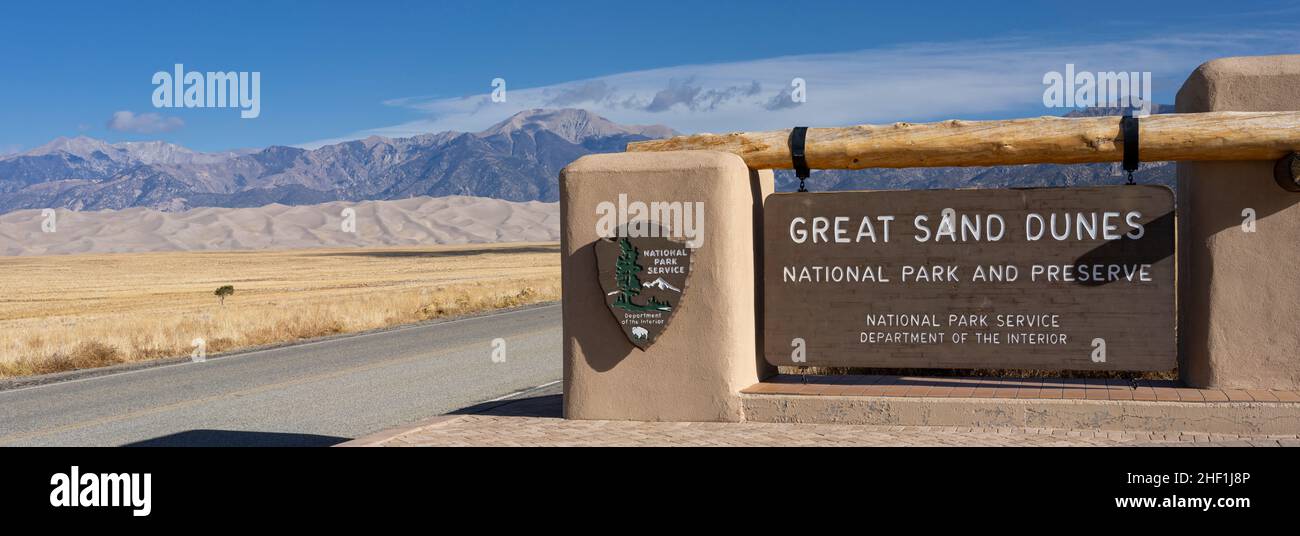 Sign at the entrance to Great Sand Dunes National Park and Preserve in ...