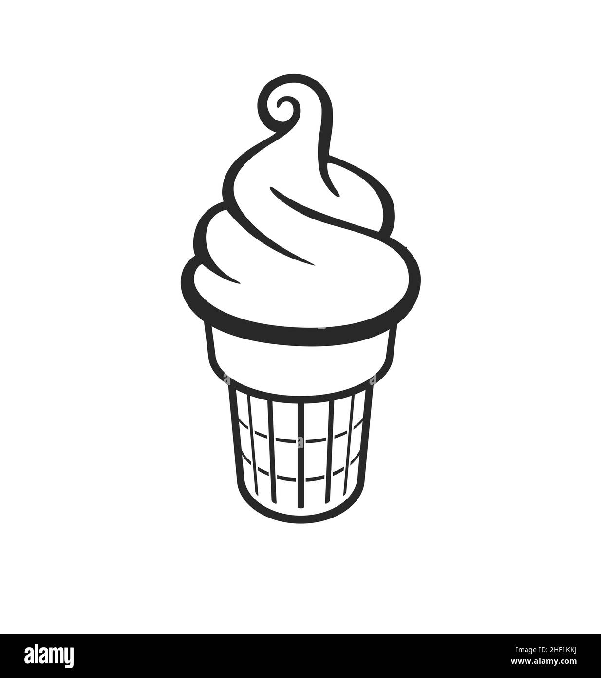 simple fun cartoon soft serve ice cream in waffle cone outline icon ...