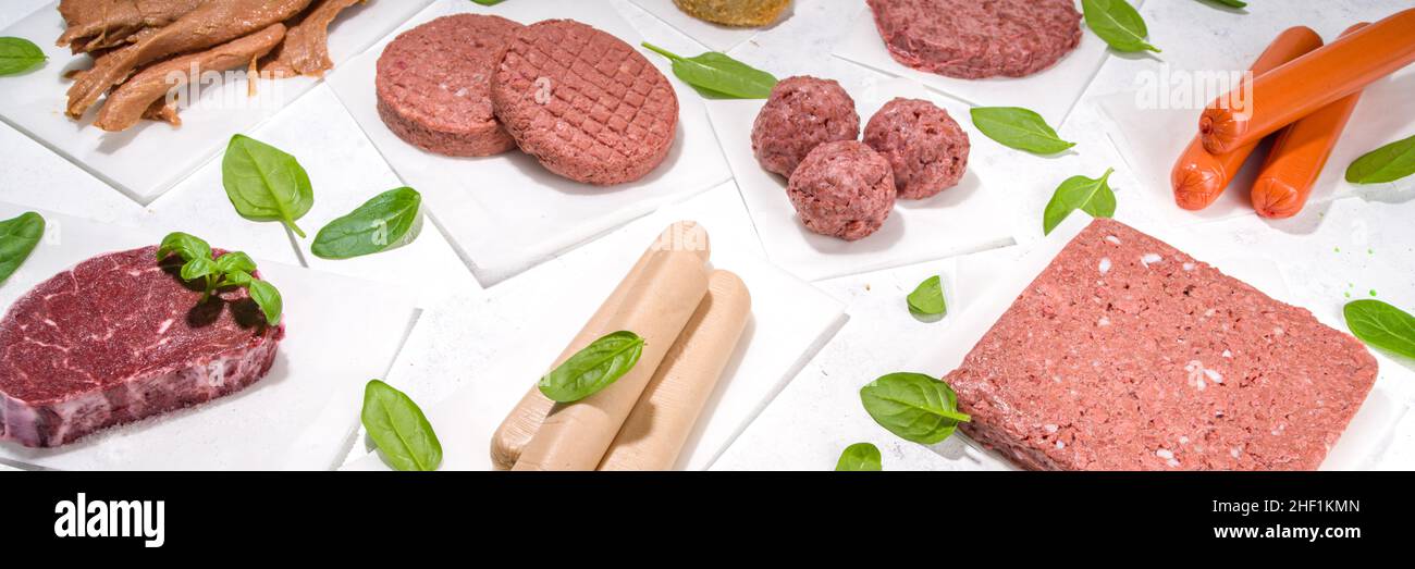 Green meat, various vegan plant based meat alternatives in different ...