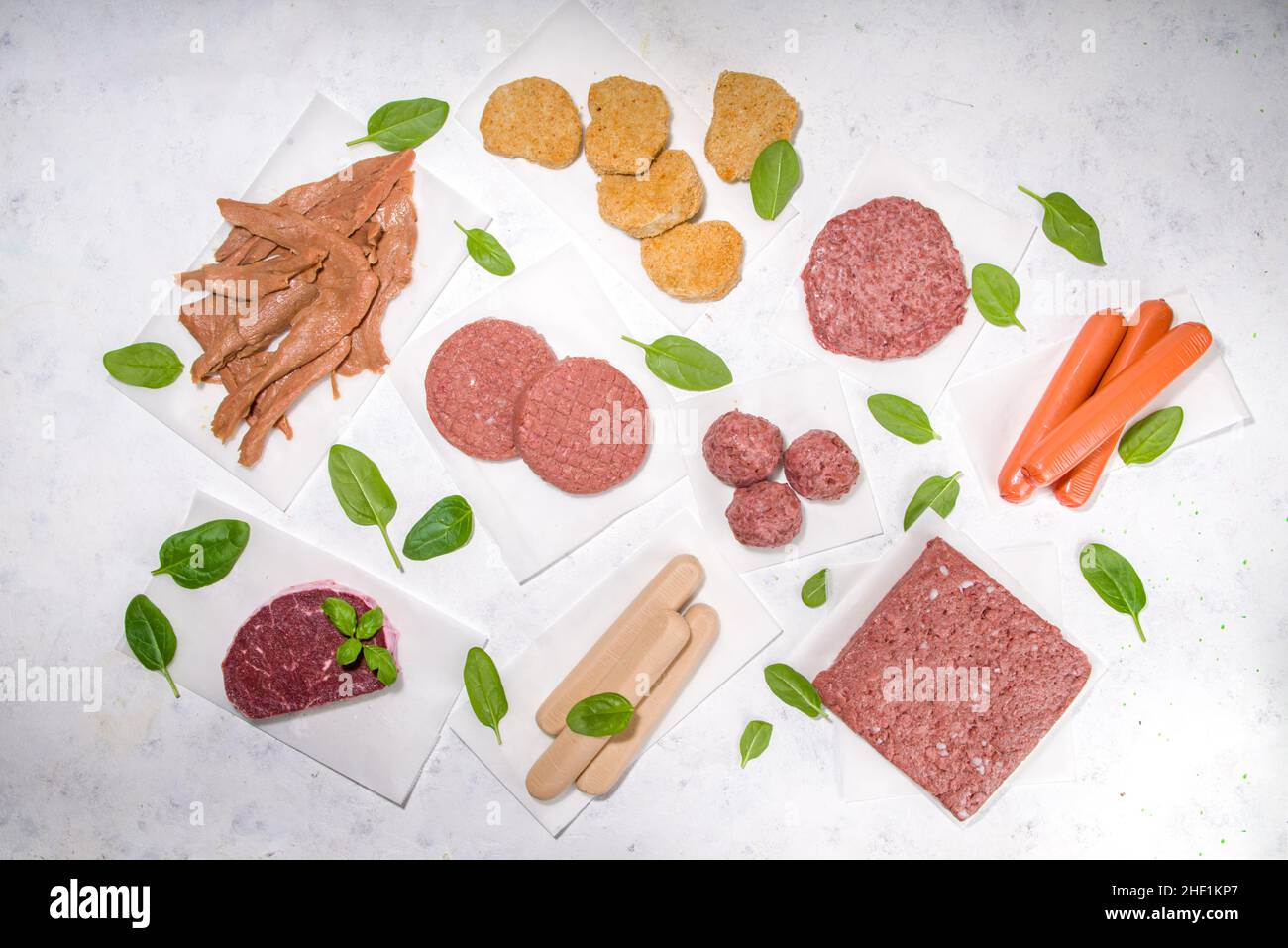 Green meat, various vegan plant based meat alternatives in different ...