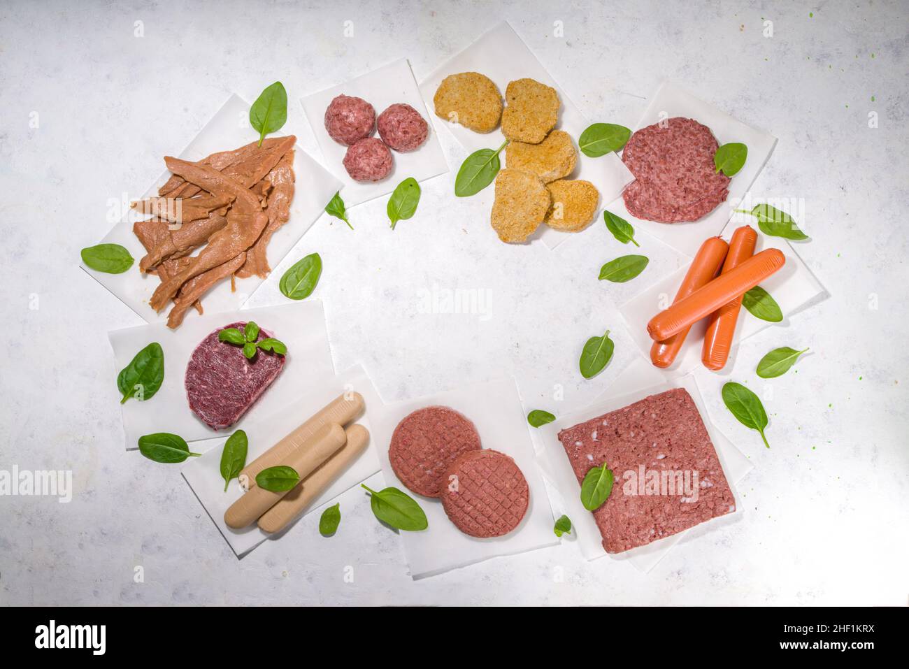 Green meat, various vegan plant based meat alternatives in different ...