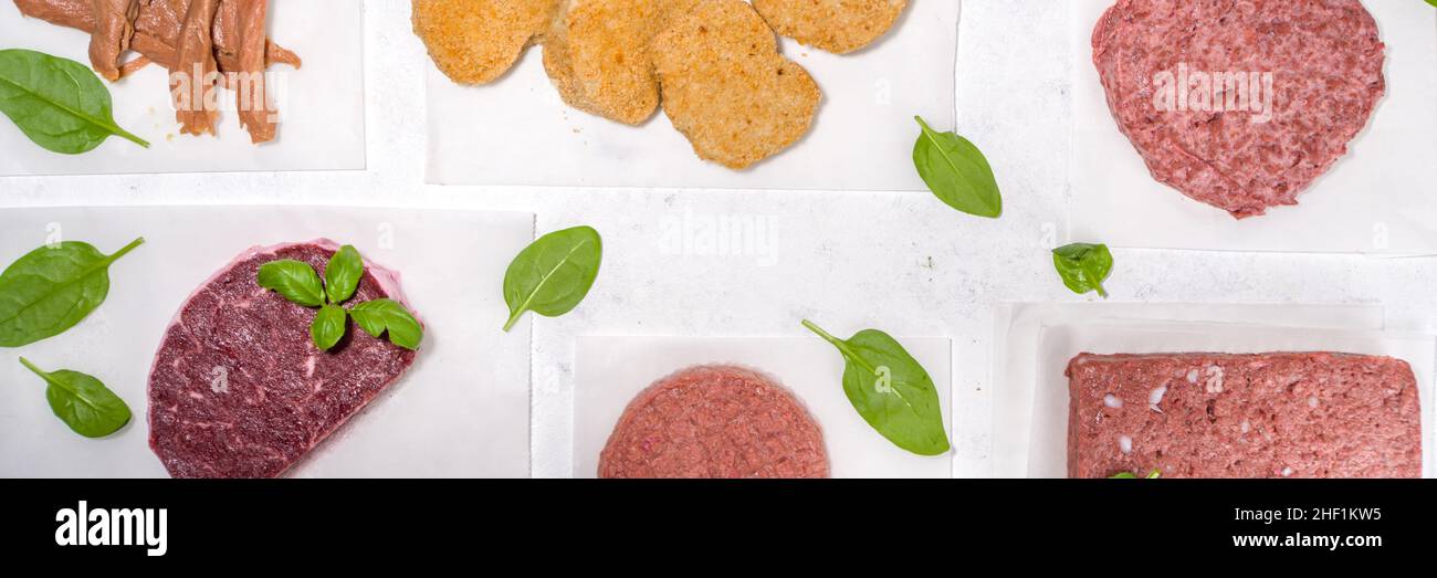 Green meat, various vegan plant based meat alternatives in different ...