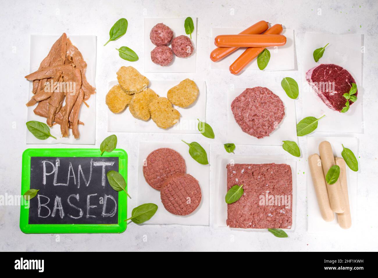 Green meat, various vegan plant based meat alternatives in different ...