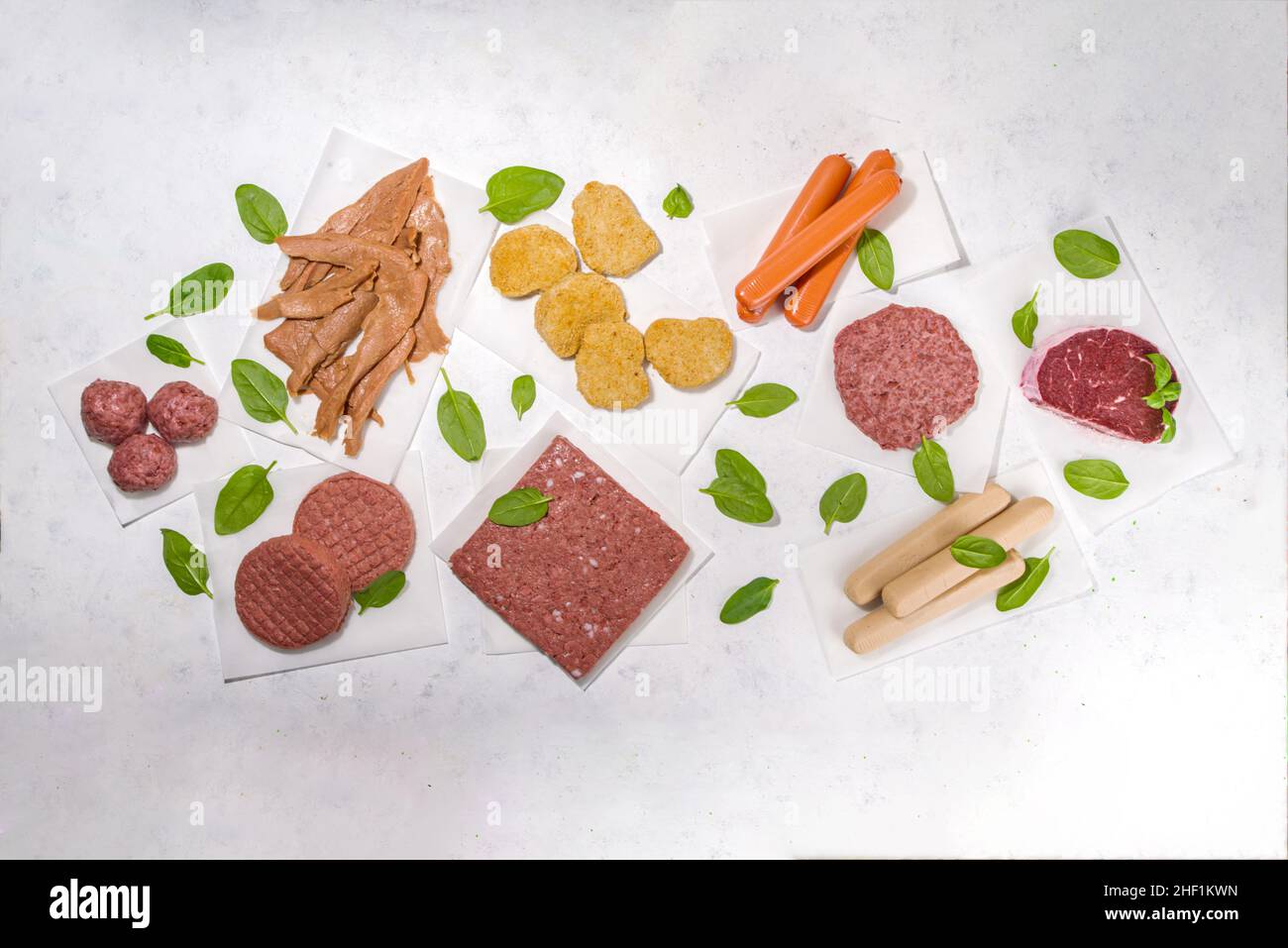 Green meat, various vegan plant based meat alternatives in different ...