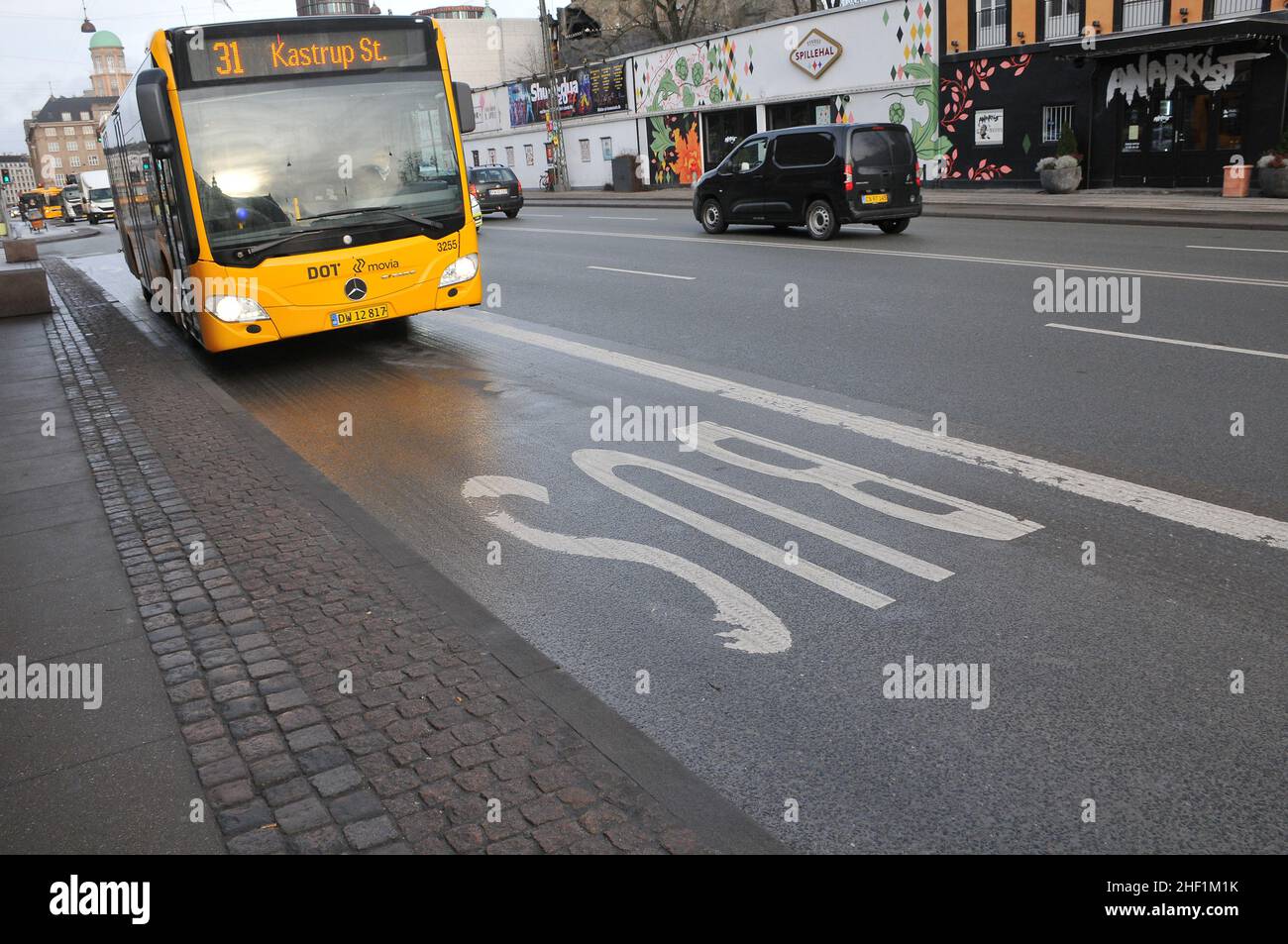 Copenhagen/Denmark./13 January 2022/ Danish public bus run on bus lanes ...