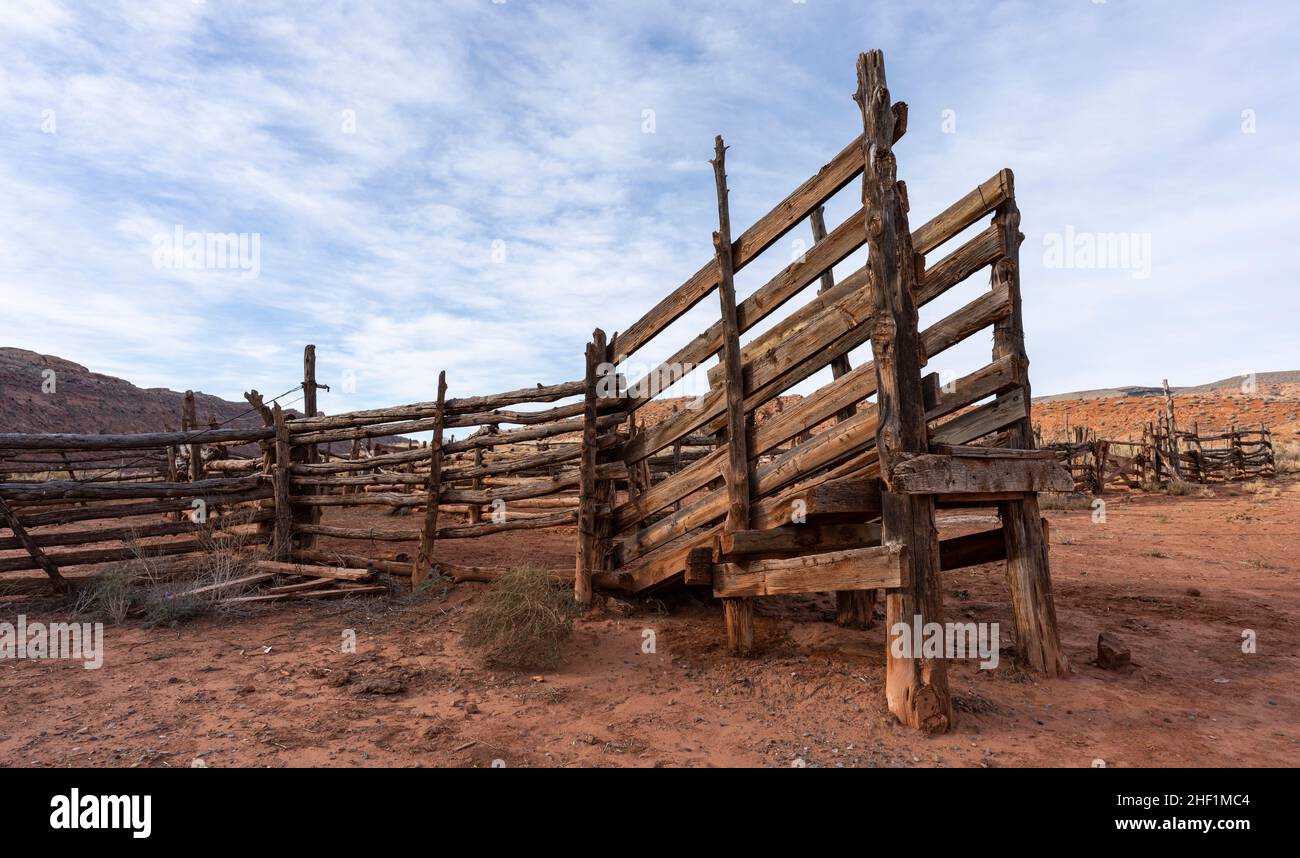 Wooden corral and cattle loading ramp in Comb Wash in southern Utah ...