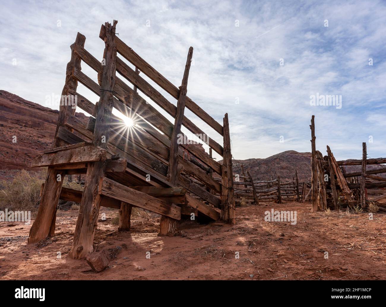 Wooden corral and cattle loading ramp in Comb Wash in southern Utah ...