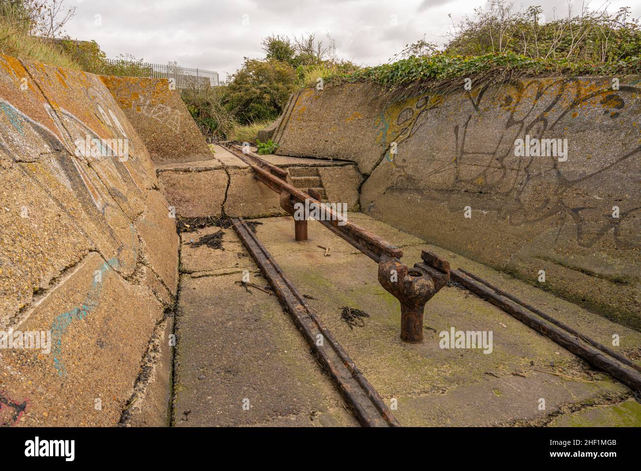 The Brennan torpedo launch rails at Cliffe fort Gravesend Kent Stock ...