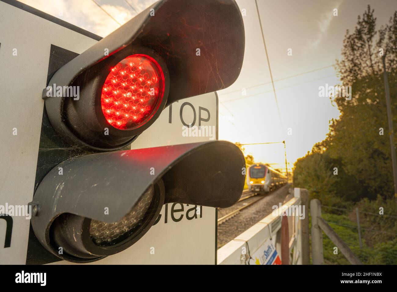 Stop light at pedestrian crossing g of the main line to East Anglia ...