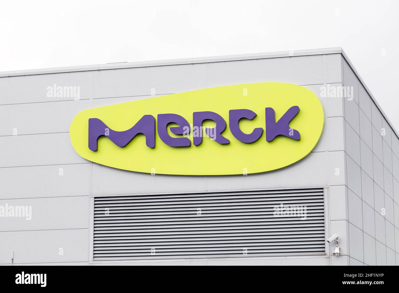 Merck sign on the pharmaceutical facility in Irvine, North Ayrshire ...