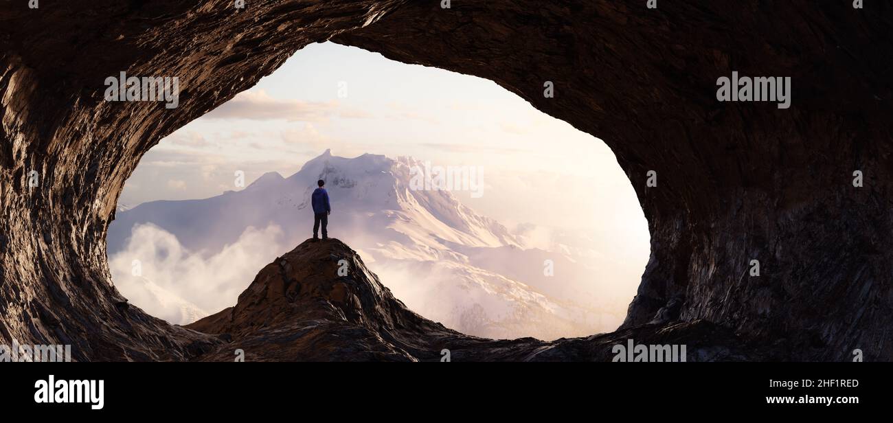 Dramatic Adventurous Scene with Man standing inside a Rocky Cave ...
