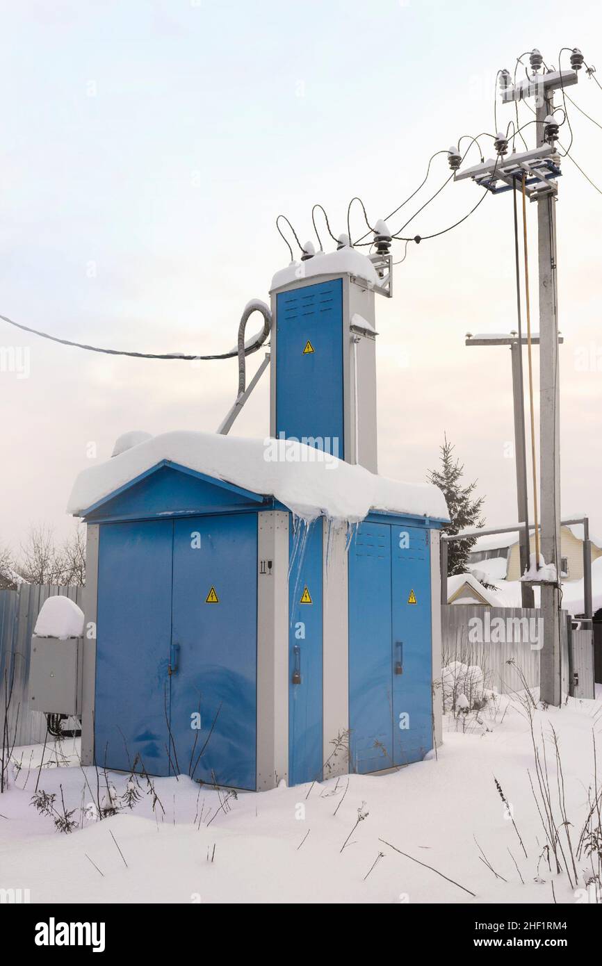 Transformer substation for electricity supply of village. Frosty ...