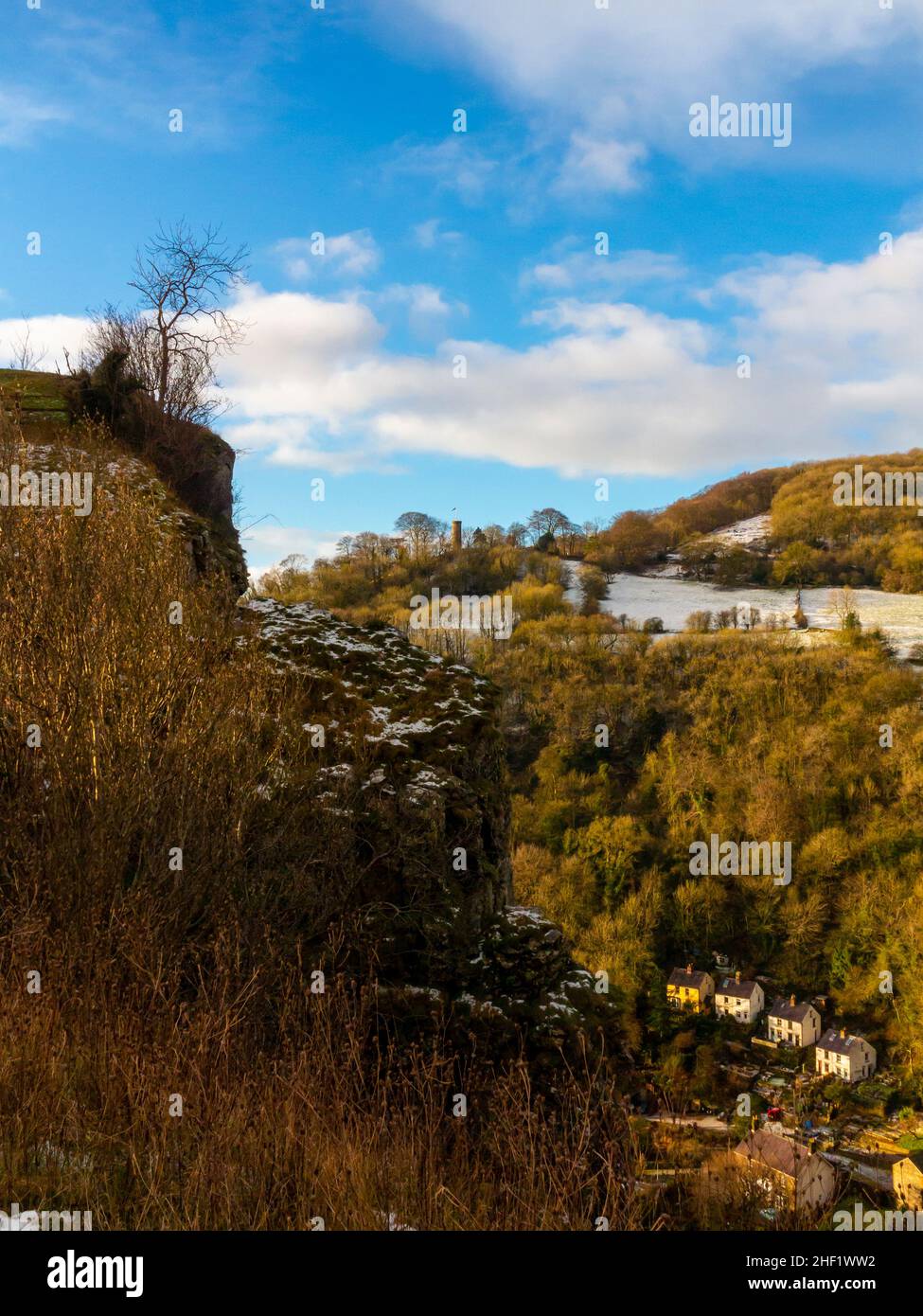 Snow covered landscape with trees at High Tor in Matlock Bath in the ...