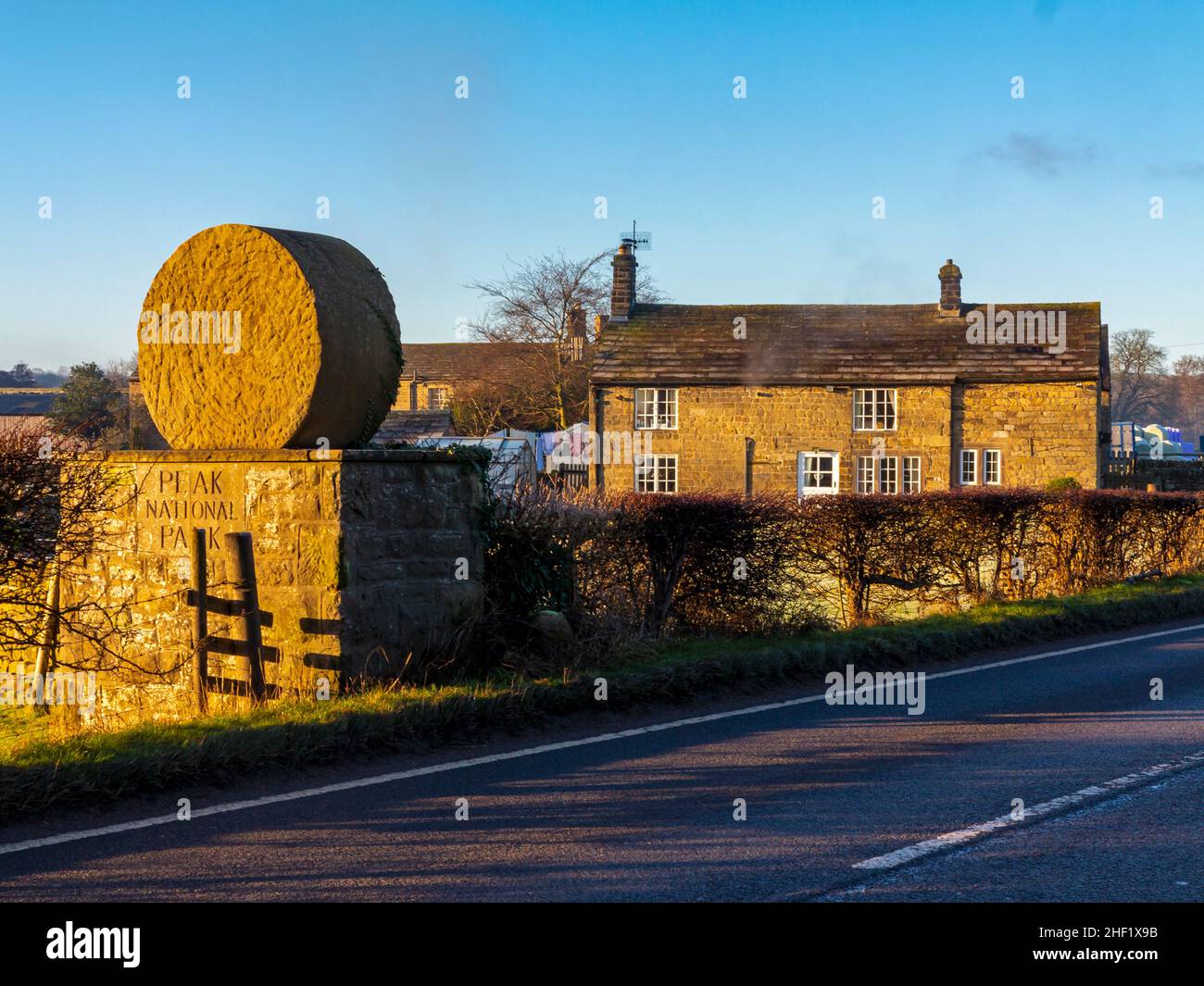 Frost covered landscape with houses and trees at Rowsley in the ...