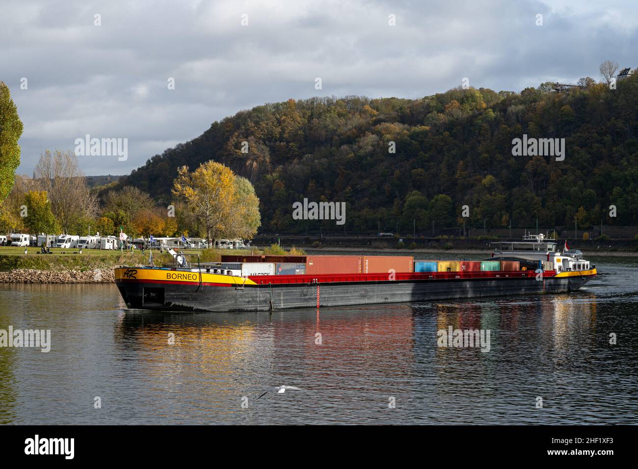 November 1, 2021 - Koblenz, Germany: A river barge at the German Corner ...