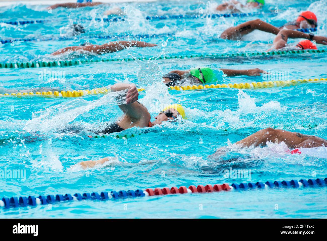 Italy, Lombardy, Crema, Group of Swimmers in Triathlon Competition ...