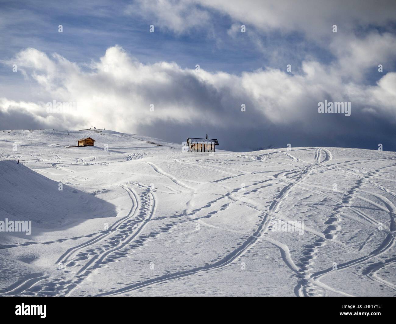 dolomites snow panorama alpine ski tracks detail off slope track Stock ...