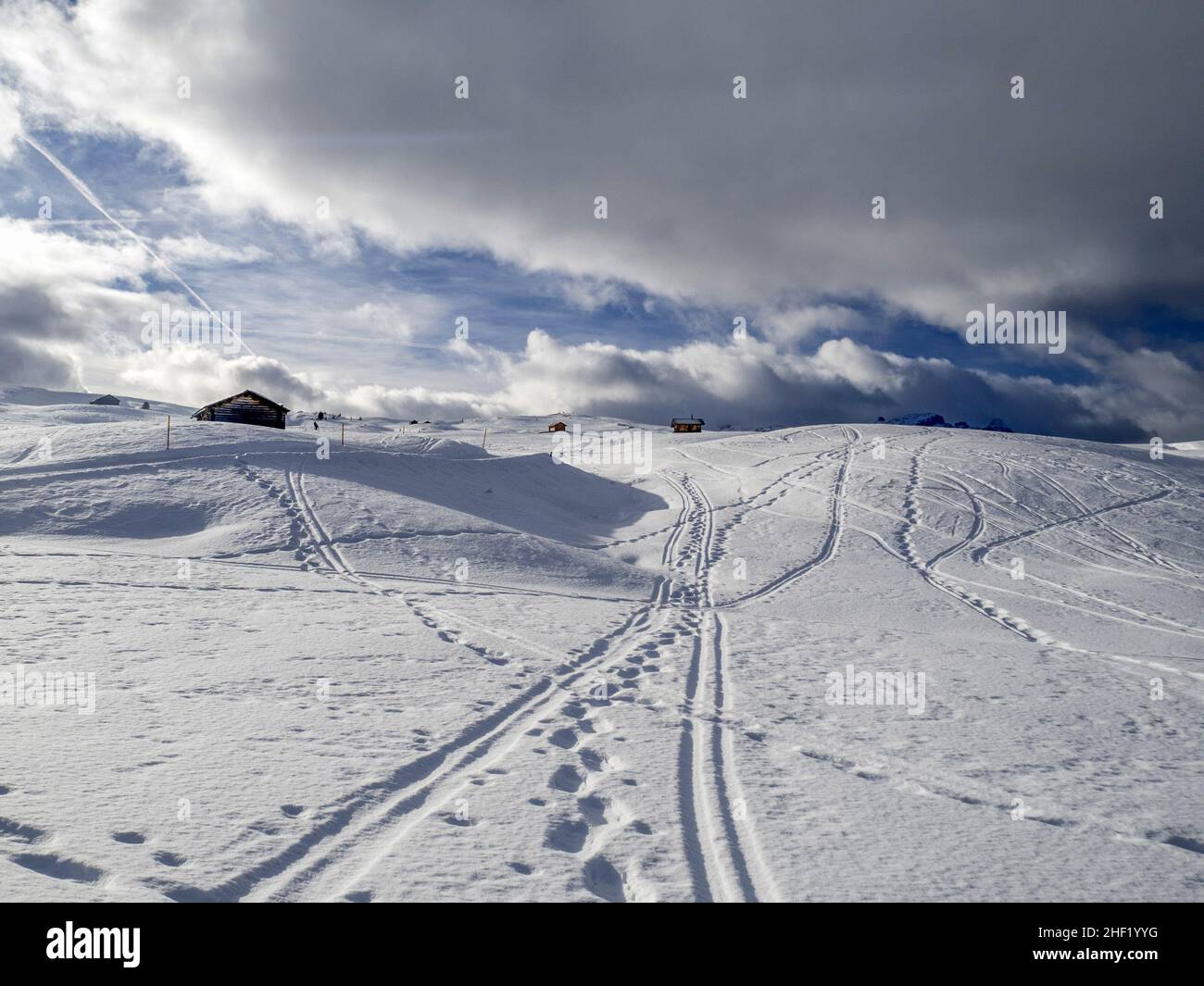 dolomites snow panorama alpine ski tracks detail off slope track Stock ...