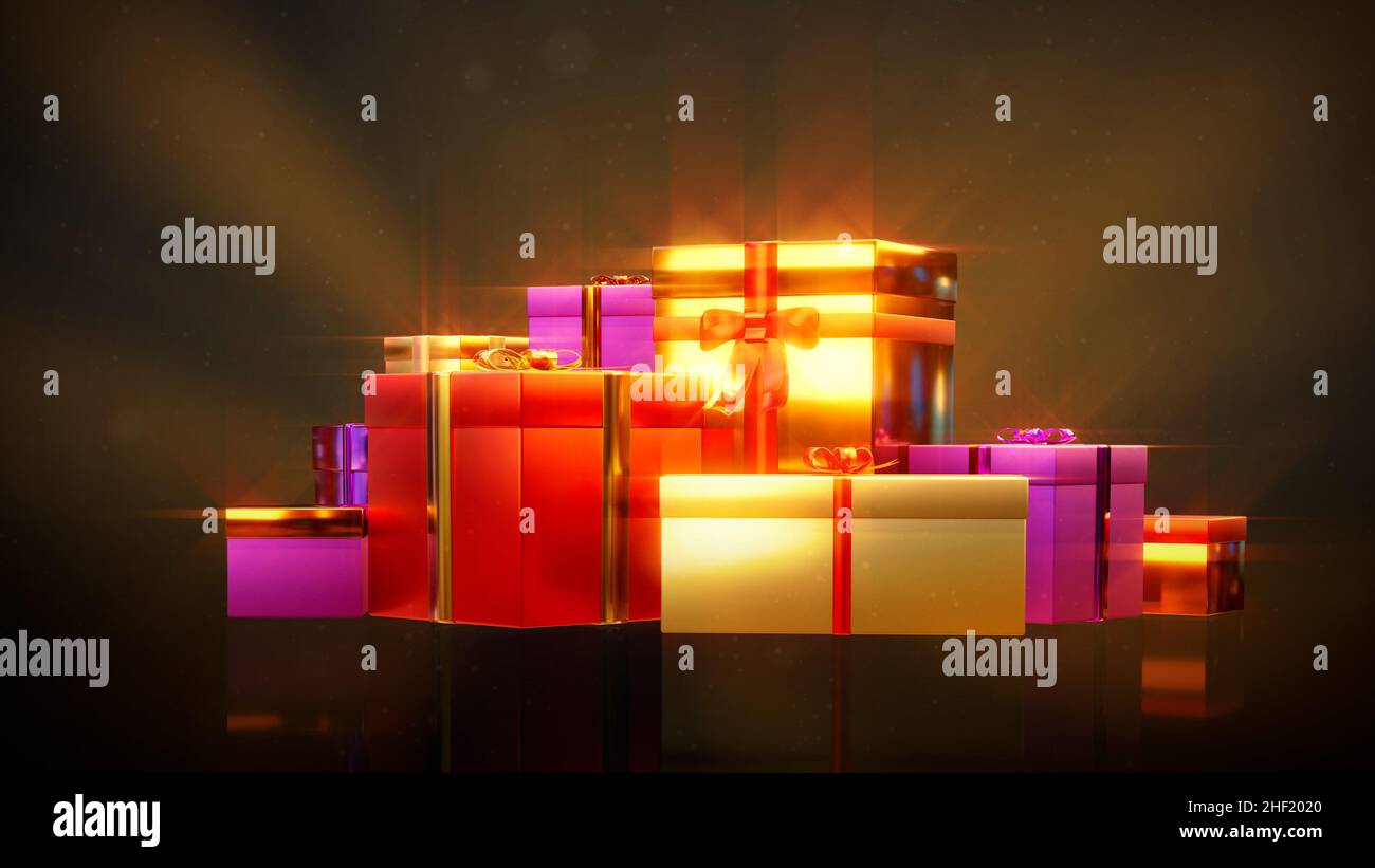 lighting set of gifts on festive backdrop - object 3D illustration ...