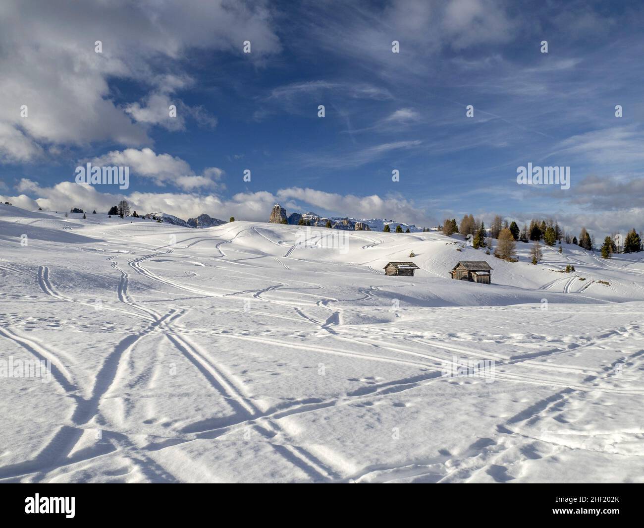 dolomites snow panorama alpine ski tracks detail off slope track Stock ...