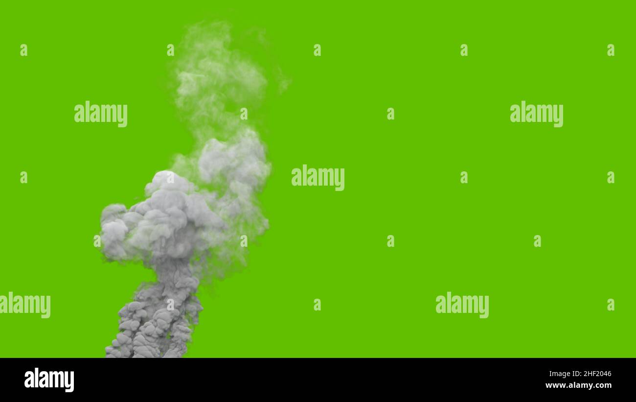 grey pollute smoke column from volcano on green screen, isolated ...