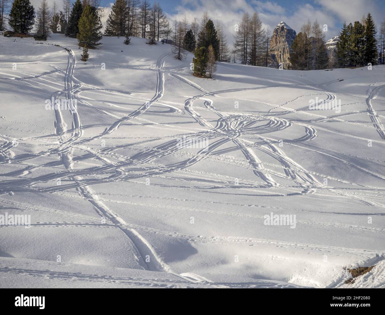 dolomites snow panorama alpine ski tracks detail off slope track Stock ...