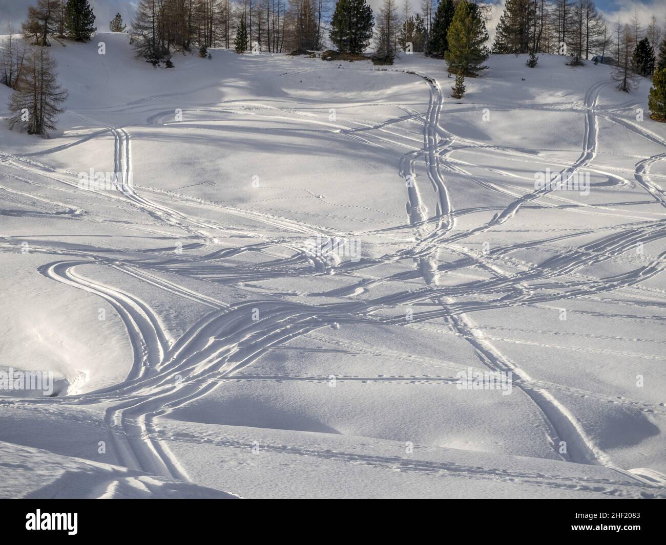 dolomites snow panorama alpine ski tracks detail off slope track Stock ...