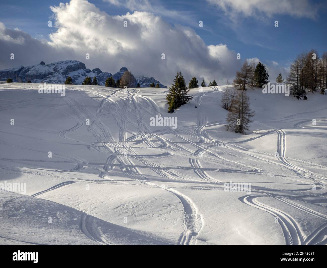 dolomites snow panorama alpine ski tracks detail off slope track Stock ...