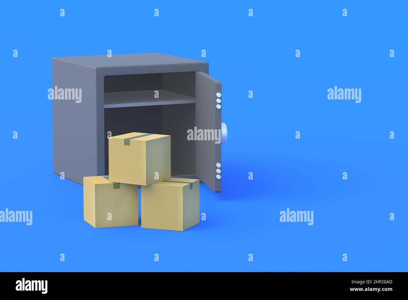 Cardboard boxes near steel strongbox. Protection of parcels. Storage of ...