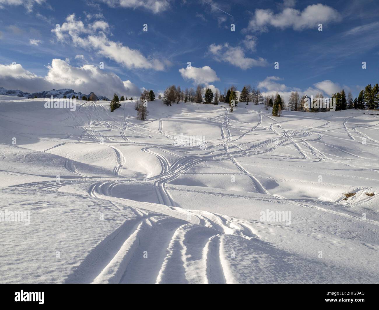 dolomites snow panorama alpine ski tracks detail off slope track Stock ...