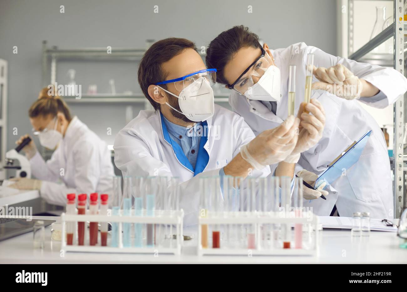 Medical scientists who are doing research in laboratory are looking at ...