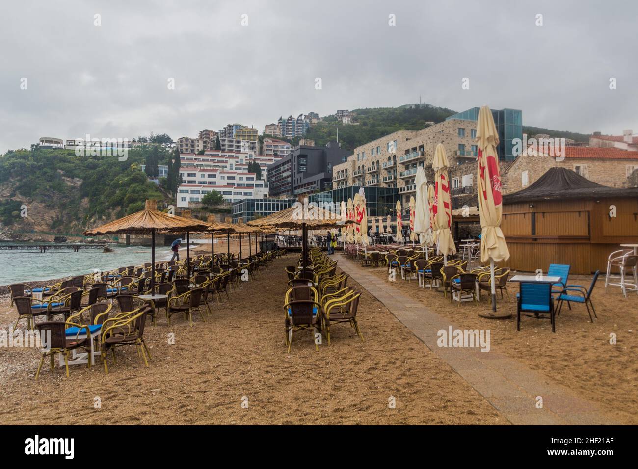 BUDVA, MONTENEGRO - JUNE 3, 2019: Beach in Budva during rainy weather ...