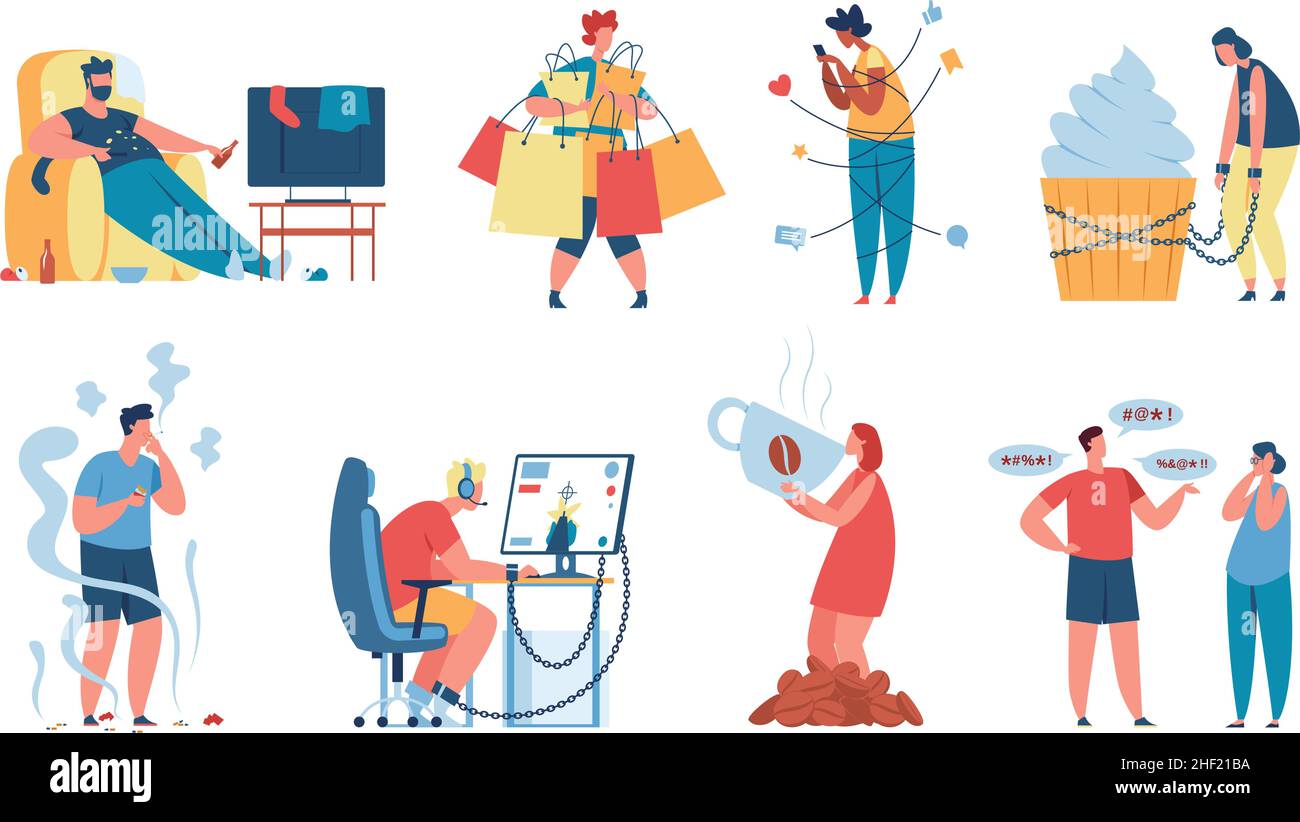 Young characters addicted to social media, gaming or tv. People with ...