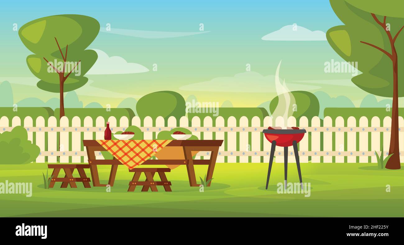 Family barbeque in house backyard with grill and picnic table. Outdoor ...