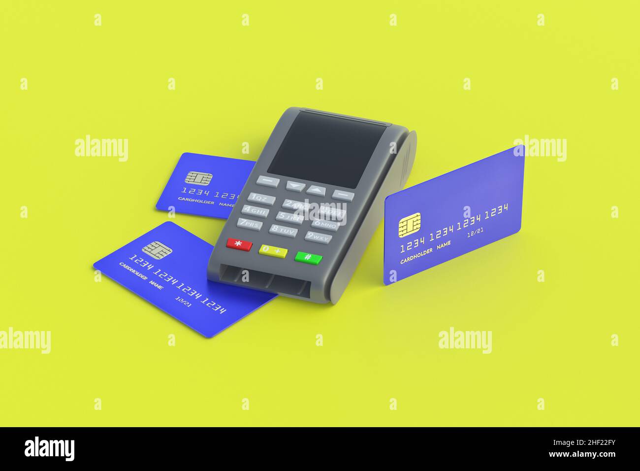 Portable cash register with plastic credit card on yellow background ...