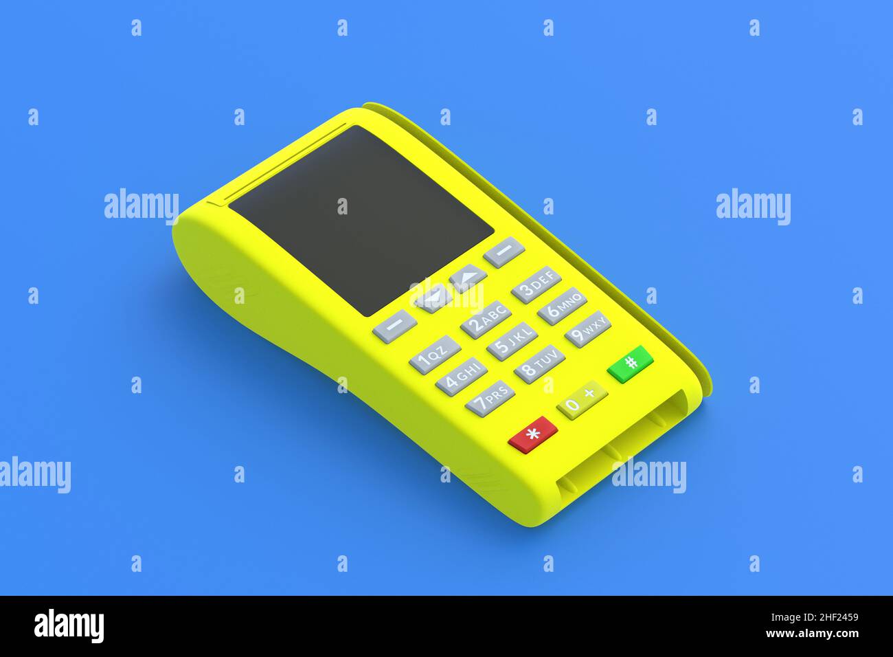 Yellow portable cash register on blue background. 3d render Stock Photo ...