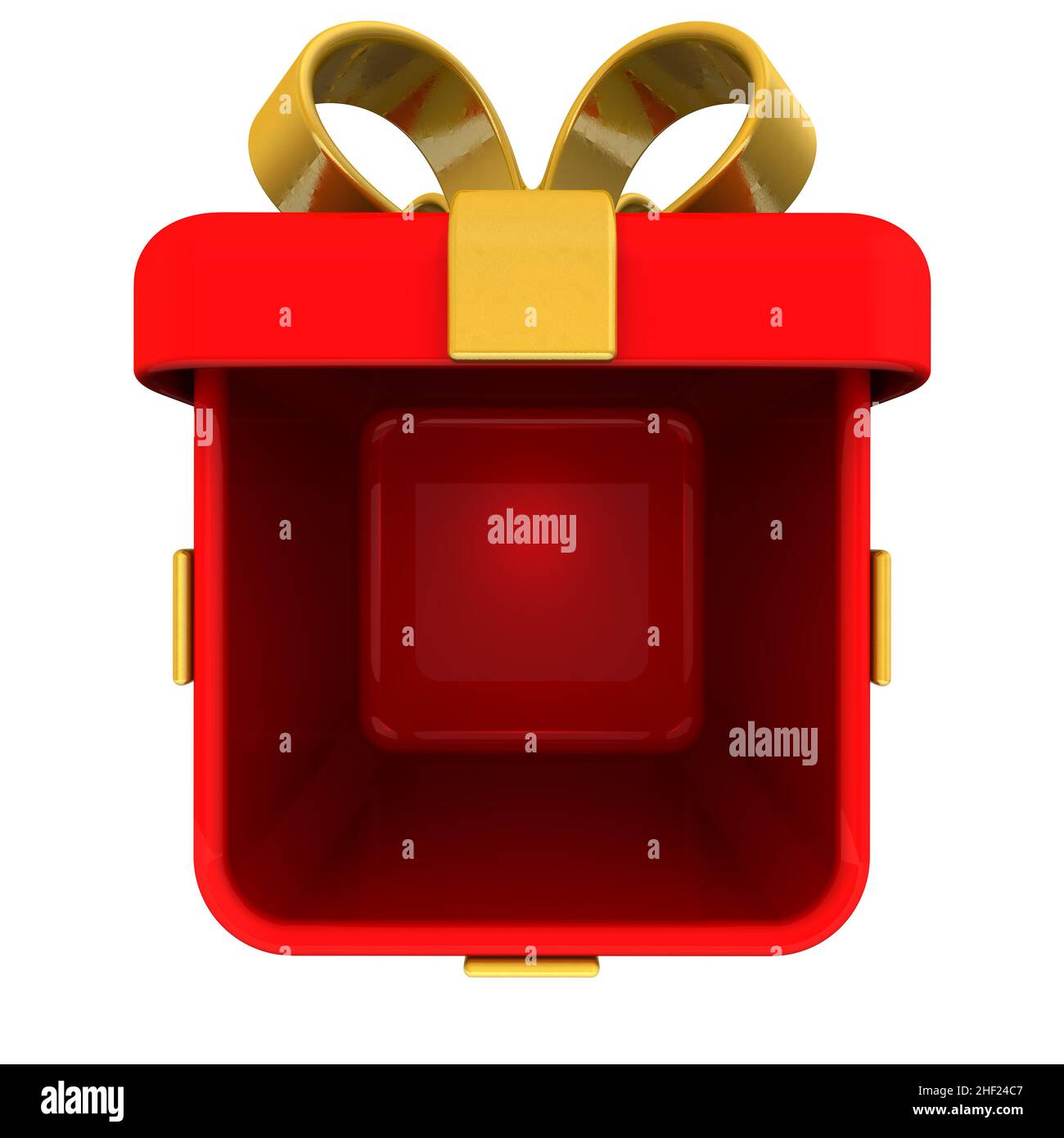 One open red gift box. An empty open red gift box with gold ribbon and ...