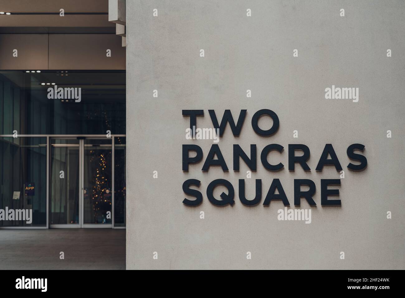 London, UK - January 01, 2022: Name sign on Two Pancras Square, a grade ...
