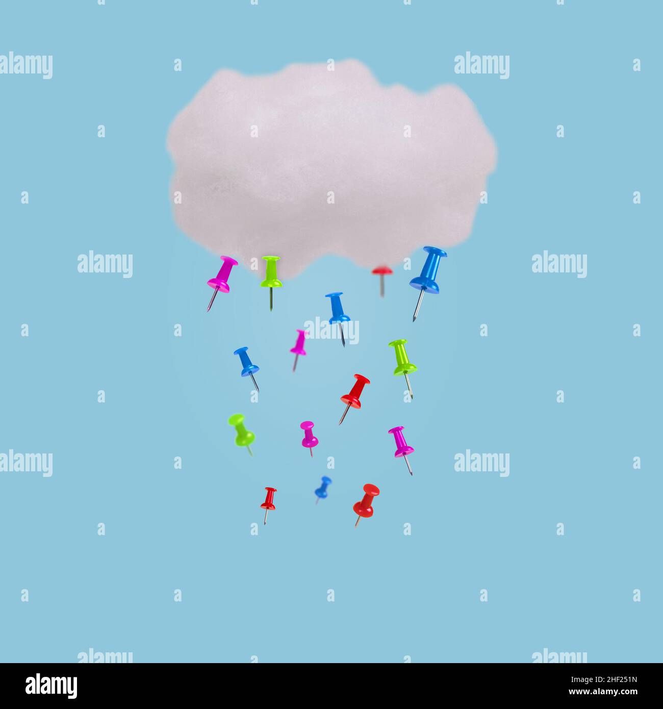 Creative idea made with cloud and push pins as rain isolated against ...